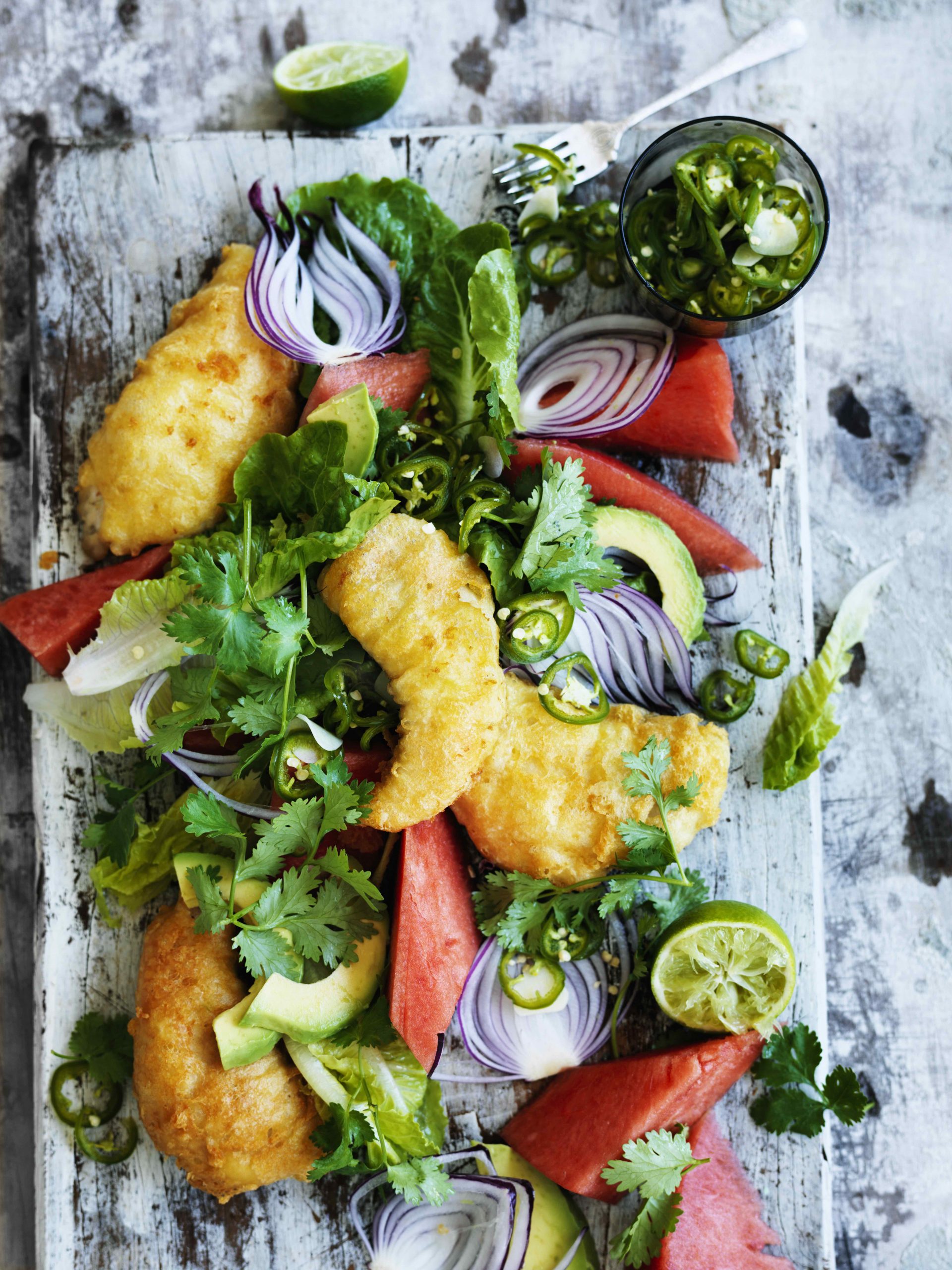 Crispy battered fish with watermelon and avocado salad | Food & Home ...