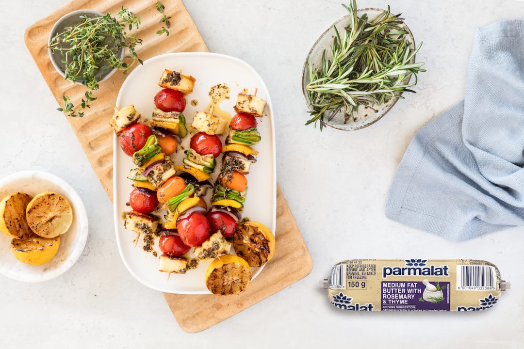 Vegetable & halloumi skewers with rosemary & thyme butter basting ...