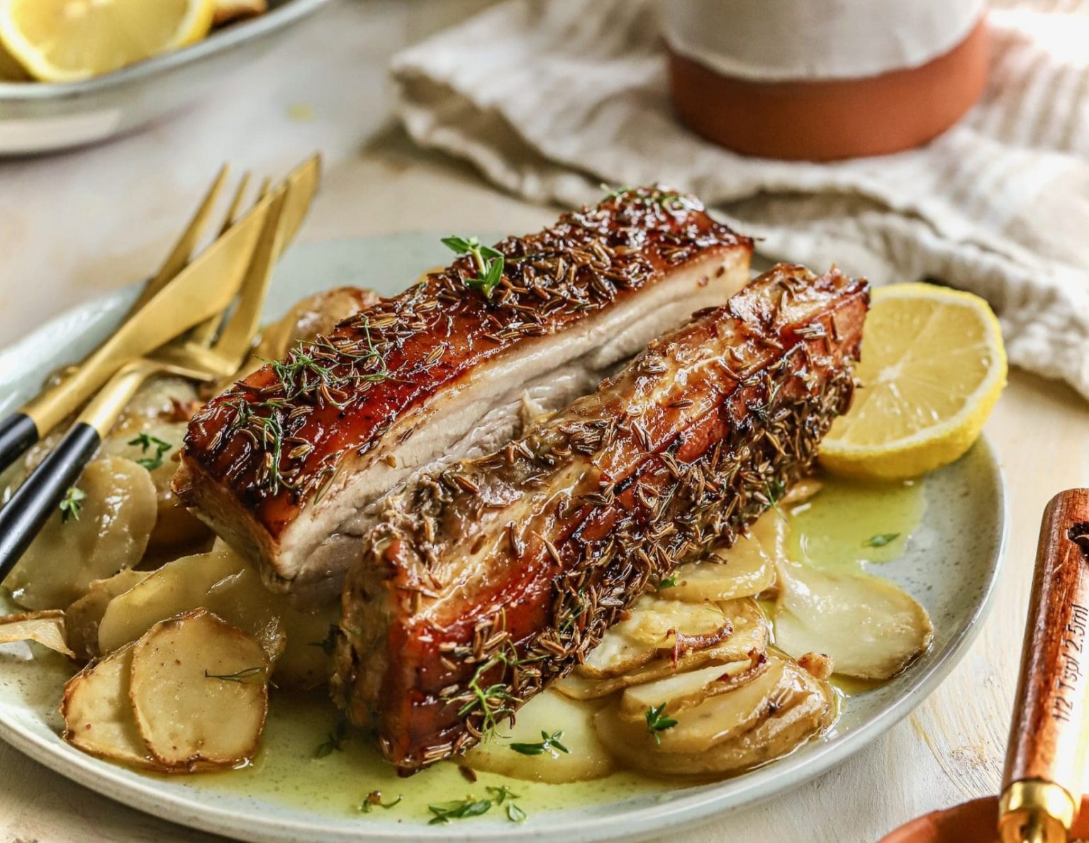 Slow-roasted fennel seed pork belly with confit potatoes – Food & Home ...
