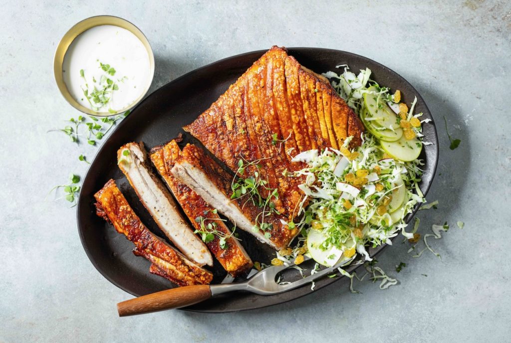 Crunchy pork belly with apple, coconut and ginger salad – Food & Home ...